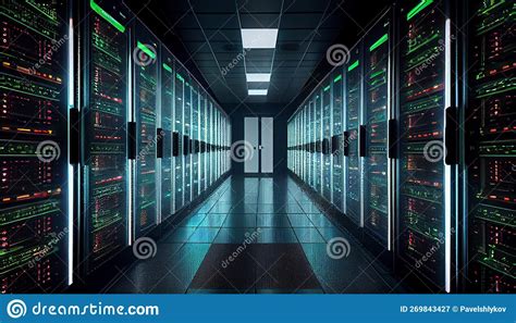 Shot Of Modern Data Center With Multiple Rows Of Fully Operational Server Racks Modern High