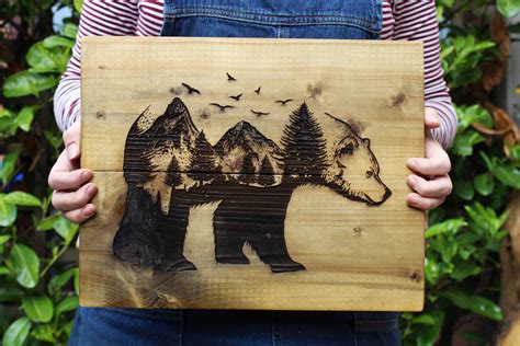 Bear Forrest Wooden Art Rustic Handmade Wood Burning Unique Poster