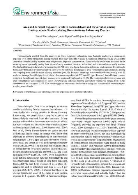 PDF Area And Personal Exposure Levels To Formaldehyde And Its Variation Among Undergraduate