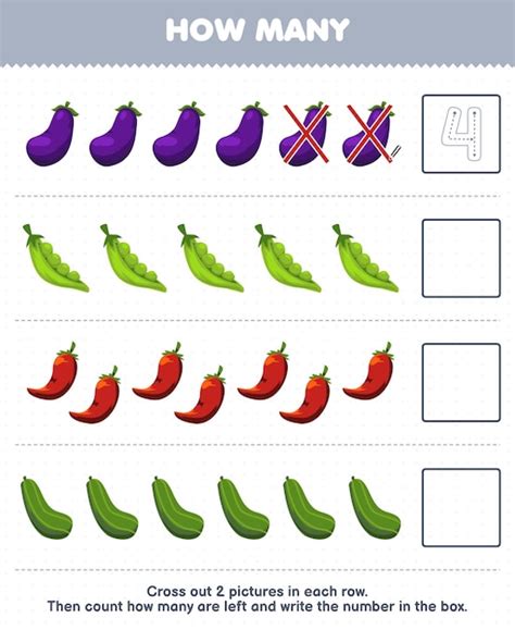 어린이를 위한 교육 게임은 만화 가지 완두콩 고추 오이의 수를 세고 상자에 인쇄 가능한 야채 워크시트에 숫자를 씁니다 프리미엄 벡터