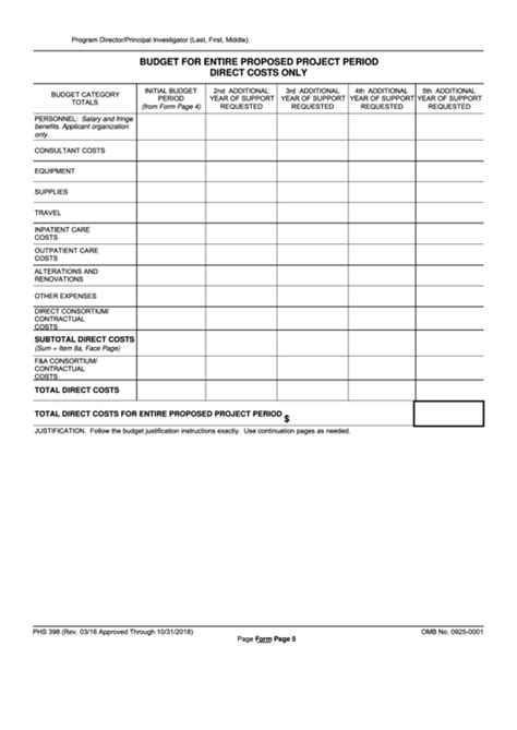 Fillable Form Phs 398 Budget For Entire Proposed Project Period Printable Pdf Download