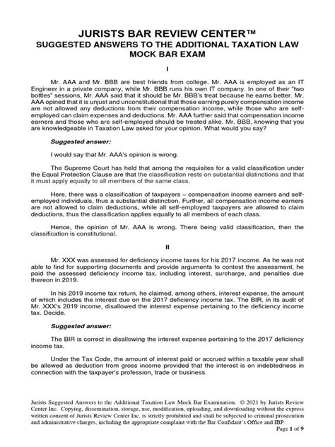 jurists suggested answers to the additional taxation law mock bar