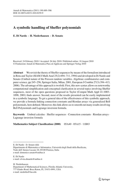 Pdf A Symbolic Handling Of Sheffer Polynomials