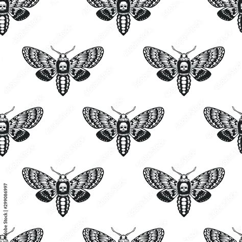 Seamless Pattern Deaths Head Hawk Moth Vector Illustration Isolated On White Hand Drawn Tattoo