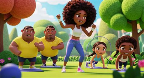 Animated Scene Of A Group Exercise Class In A Lush Park A Woman With