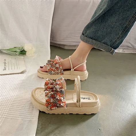 여성 요정 스타일 비치 샌들 꽃 프린트 플랫폼 여성 비치 슬리퍼 패션 여성 플립 플롭 크기 35 40 2022 여름