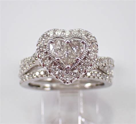 14k White Gold Diamond Heart Engagement Ring Set Matching Wedding