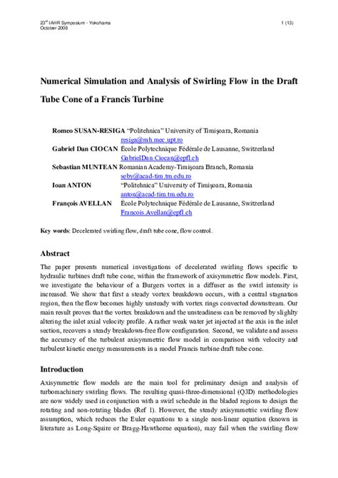 Pdf Numerical Simulation And Analysis Of Swirling Flow In The Draft Tube Cone Of A Francis Turbine