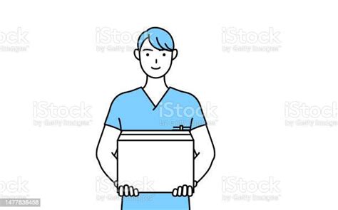 남자 간호사 물리 치료사 작업 치료사 언어 치료사 골판지 상자를 운반하는 제복을 입은 간호 조무사 가정간병인에 대한 스톡 벡터
