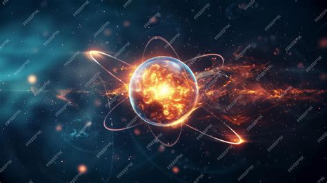 Vibrant Glowing Atom Model Against Space Background Illustrating Atomic Structure And Cosmic
