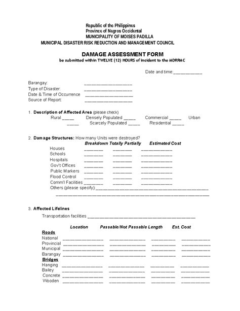 Damage Assessment Form Republic Of The Philippines Province Of