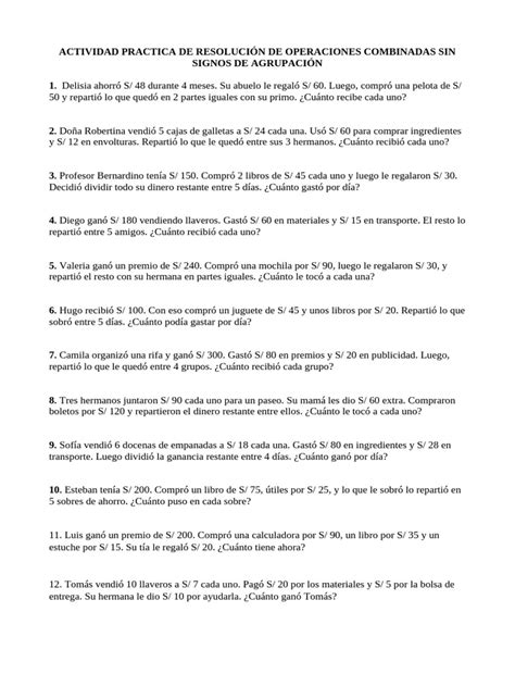 Actividad Practica De Resolución De Operaciones Combinadas Sin Signos