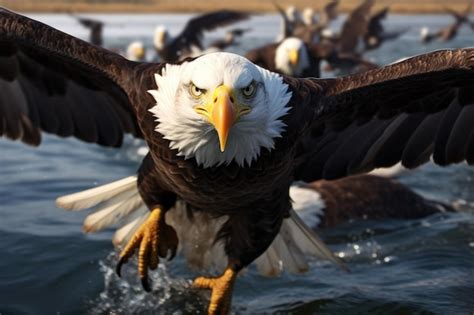 A Bald Eagle Flapping Its Wings In The Water Perfect For Nature