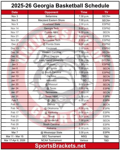 Printable 2025 26 Georgia Basketball Schedule Pdf Format Tv