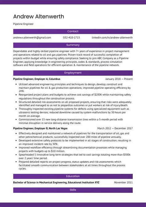 Pipeline Engineer Resume Cv Example And Writing Guide
