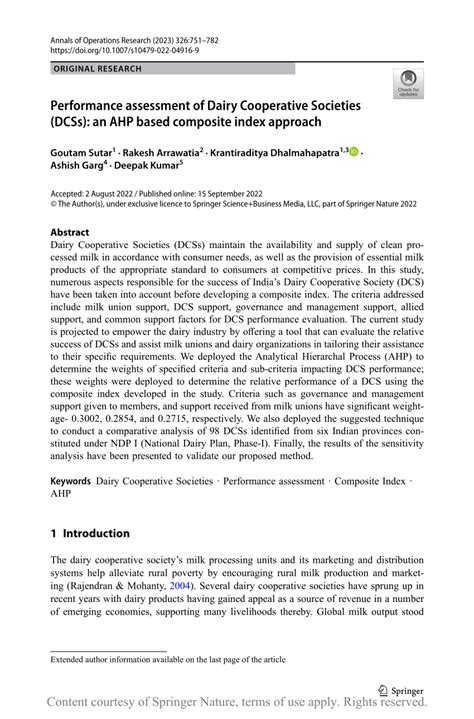 Performance Assessment Of Dairy Cooperative Societies Dcss An Ahp Based Composite Index