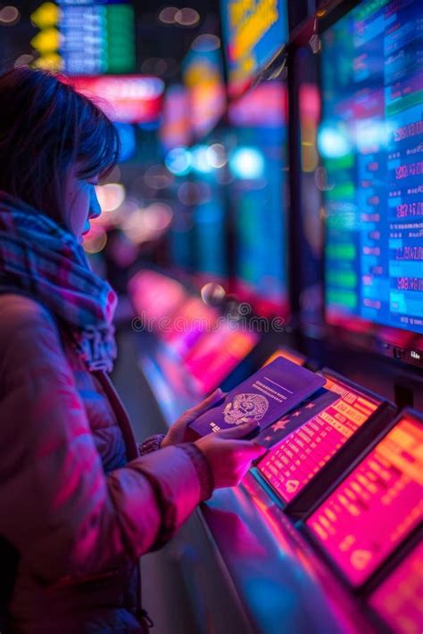 Woman Standing In Front Of Row Of Computer Monitors Stock Image Image Of Monitor Airport