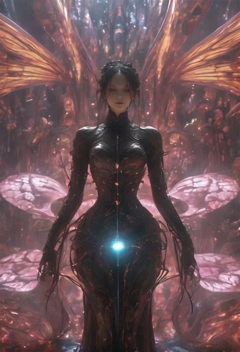 큰 나비 앞에 서 있는 미래 지향적인 드레스를 입은 여성 Seaart Ai