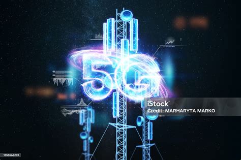 홀로그램 5g 크리에이티브 배경 기지국 모바일 기술 5g 네트워크 개념 고속 모바일 인터넷 차세대 네트워크 혼합 된 미디어 3d 렌더 3d 일러스트레이션 3차원 형태에 대한
