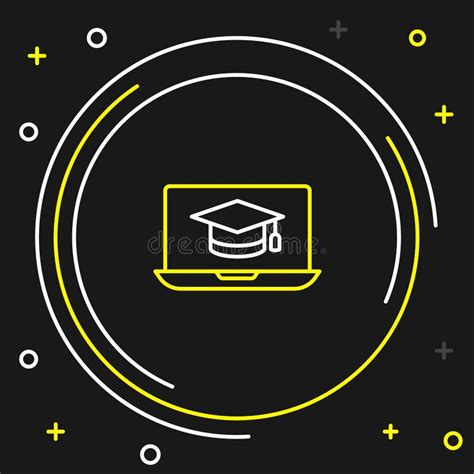 Line Graduation Cap On Screen Laptop Icon Isolated On Black Background Online Learning Or E