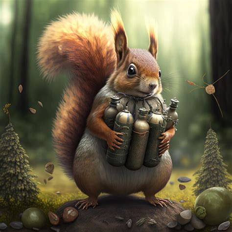 Premium Photo A Squirrel With A Bag Of Nuts On His Chest Holds A Bottle Of Water