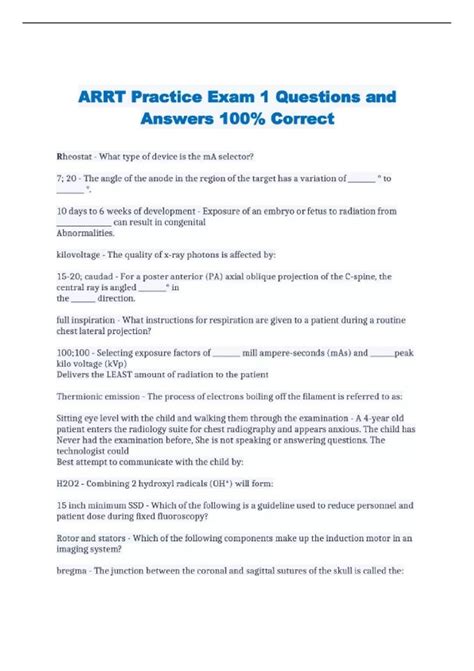 Arrt Practice Exam 1 Questions And Answers 100 Correct Arrt Stuvia Us