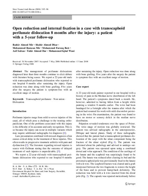 Pdf Open Reduction And Internal Fixation In A Case With Transscaphoid