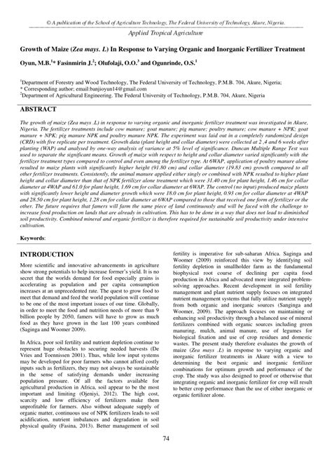Pdf Growth Of Maize Zea Mays L In Response To Varying Organic And Inorganic Fertilizer