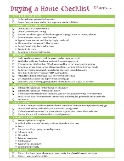 Free Printable Buying A Home Checklist Buying First Home Home
