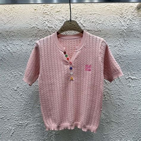 Футболка Женский Miu Miu розовый Короткий размер 48 Хлопок Надписи Орнамент облегающий