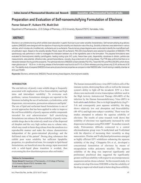 Pdf Preparation And Evaluation Of Self Nanoemulsifying Formulation Of Efavirenz