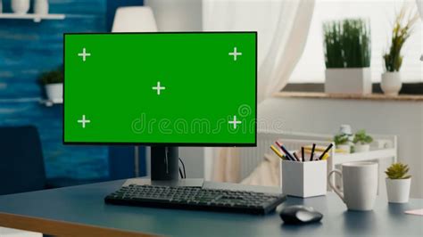 Empty Living Room With Modern Chroma Key Green Screen Mock Up Computer