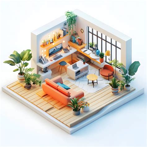Small Detailed Isometric Home Office Design Stock Illustration