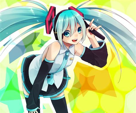 Hatsune Miku Headphones Microphone Stars Thighhighs Tie Tsuburaya 35 Twintails Vocaloid