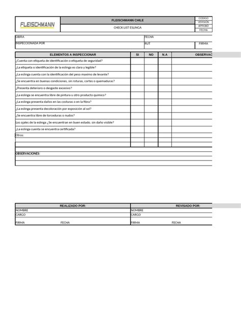 Fl Sg Lc Es 22 1 Lista De Chequeo Eslinga Pdf