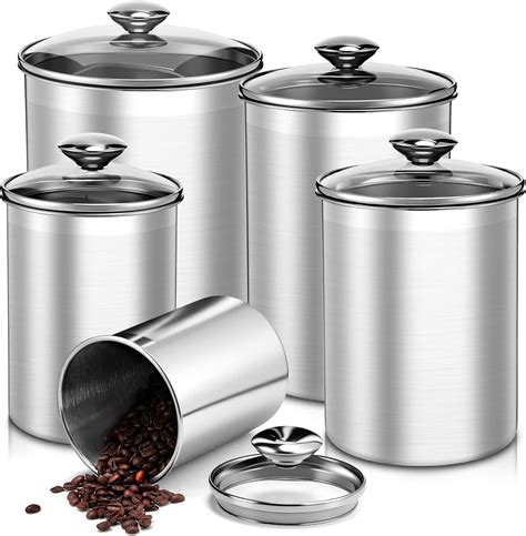 Lemonroad 5 Pcs Stainless Steel Canister With Glass Lids