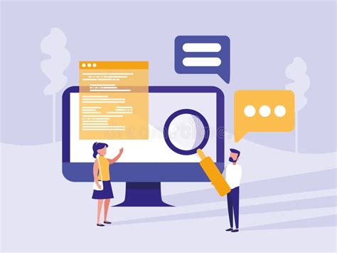 Couple With Monitor Computer In Landscape Stock Vector Illustration Of Developer Project