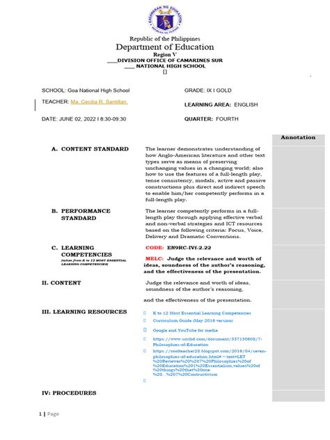 Annotated Lesson Plan Objective 2 Principles Of Teaching Sample Pdf