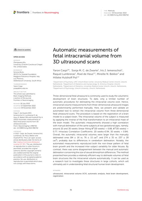 Pdf Automatic Measurements Of Fetal Intracranial Volume From 3d Ultrasound Scans