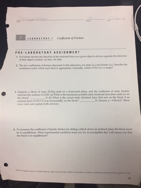 solved laboratory 7 pre lab coefficient of friction