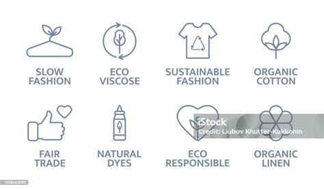 지속 가능한 옷 라인 아이콘 세트 느린 패션 로고 에코 비스코스 제품 배지 유기농 면 천연 염료 재생 가능한 작물 라벨 공정 거래 의식적인 발달 벡터 일러스트레이션 아이콘에