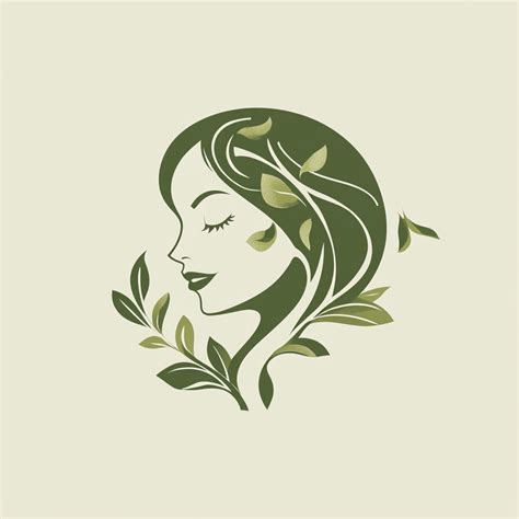 가이아 여신을 주제로 한 로고 디자인 자연과 조화를 이루는 여성의 얼굴 부드러운 곡선과 유기적인 형태 녹색과 갈색의 자연 색상 지구와 식물을 상징하는 요소들