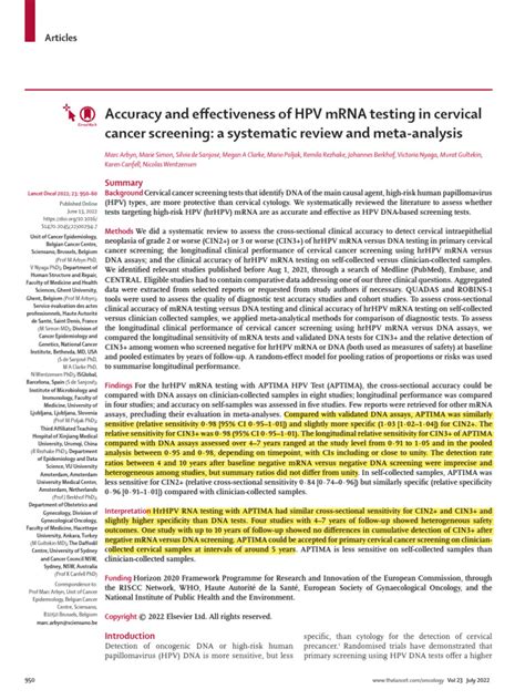 Accuracy And Effectiveness Of Hpv Mrna Testing In Cervical Cancer Screening A Systematic Review