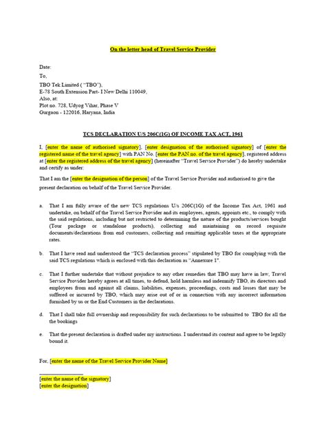 Onetime Agent Declaration Tcs Pdf