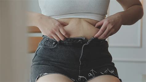 Woman Body Fat Belly Obese Woman Hands Holding Excessive Tummy Fat