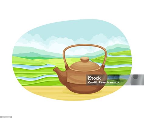 차 뜨거운 향기로운 음료 양조와 녹색 테라스 필드 농장 벡터 일러스트 레이 션과 세라믹 주전자 0명에 대한 스톡 벡터 아트 및