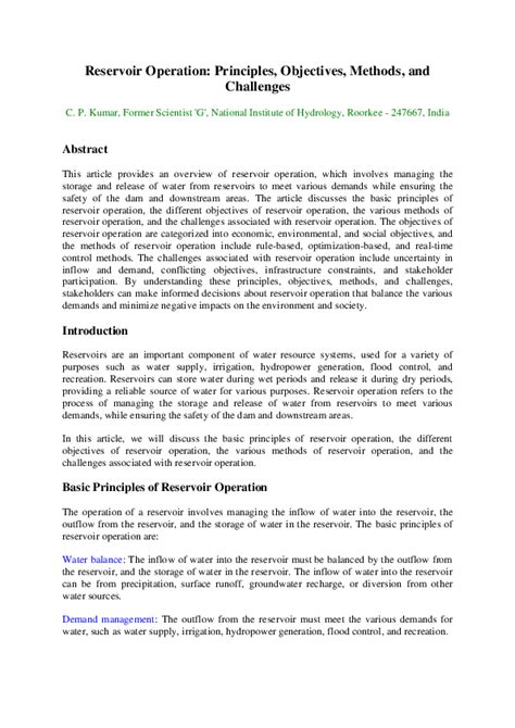pdf reservoir operation principles objectives methods and challenges