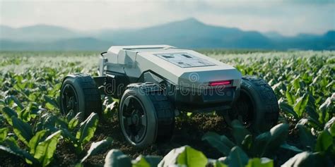 Innovative Agritech Robot Assisting In Crop Monitoring During Sunny Day In Expansive Field Stock