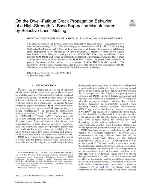 Pdf On The Dwell Fatigue Crack Propagation Behavior Of A High Strength Ni Base Superalloy
