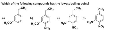 SOLVED: Which of the following compounds has the lowest boiling point? CH3 CH3 CH3 CH3 a) H2CO b ...